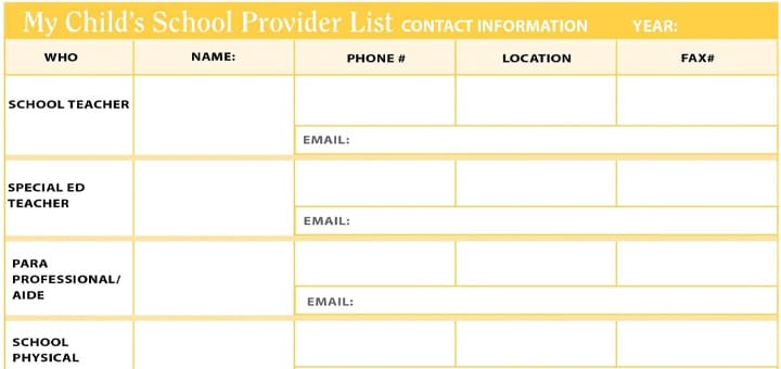 PSN Child's School Provider List Form - Parenting Special Needs Magazine